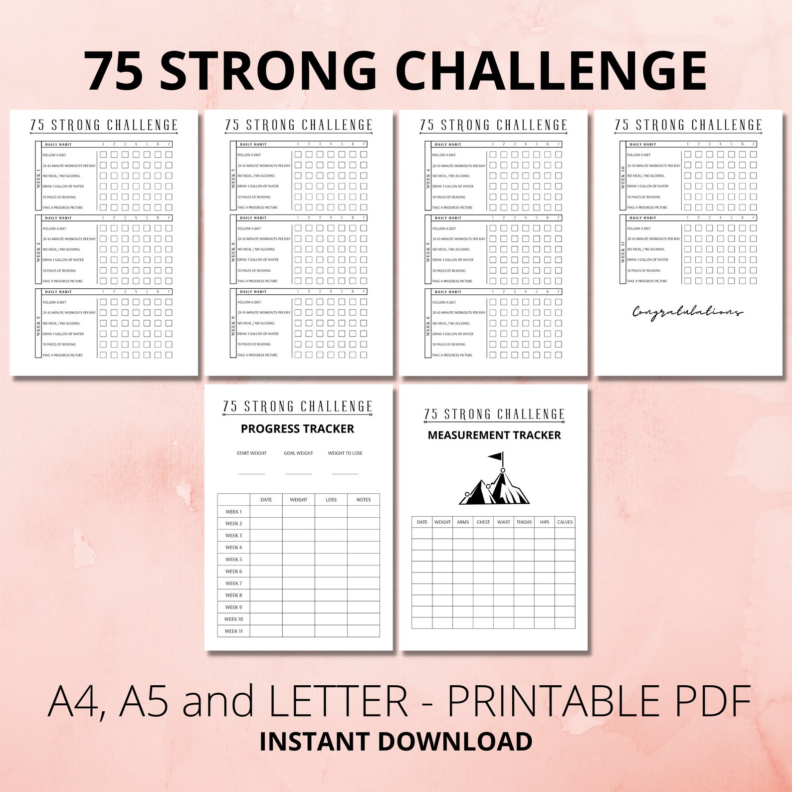 75 STRONG Challenge Tracker, Day Challenge Printable, Weight Loss Challenge, 75 Fitness Journal ...