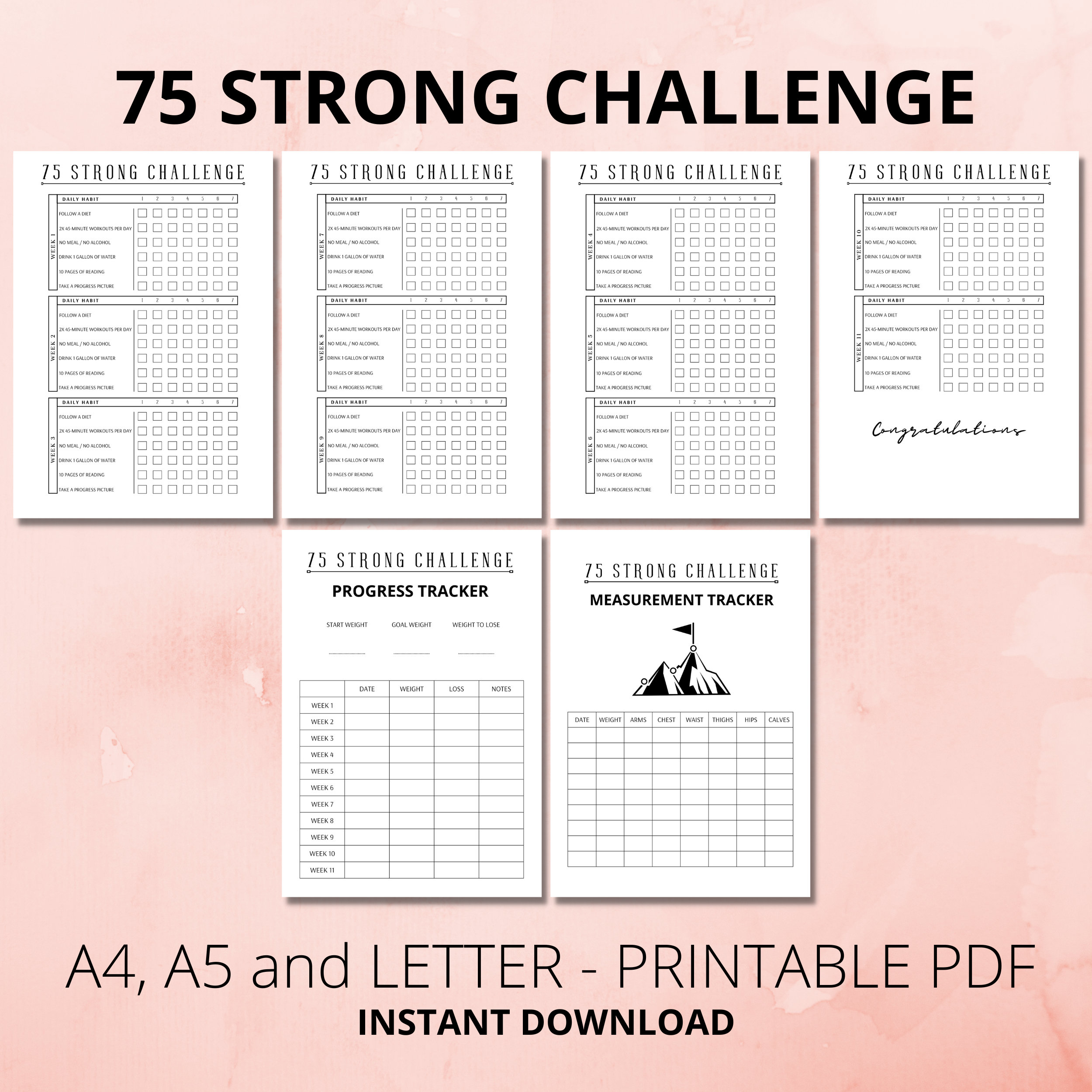75 STRONG Challenge Tracker, Day Challenge Printable, Weight Loss ...