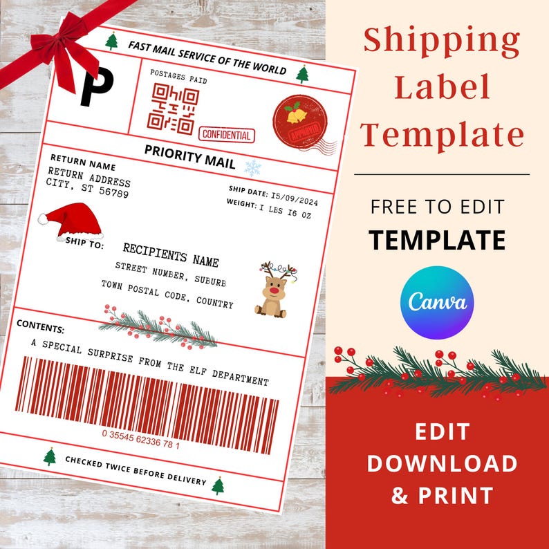 Editable Christmas Shipping Label Template, Editable Personalized Mail ...