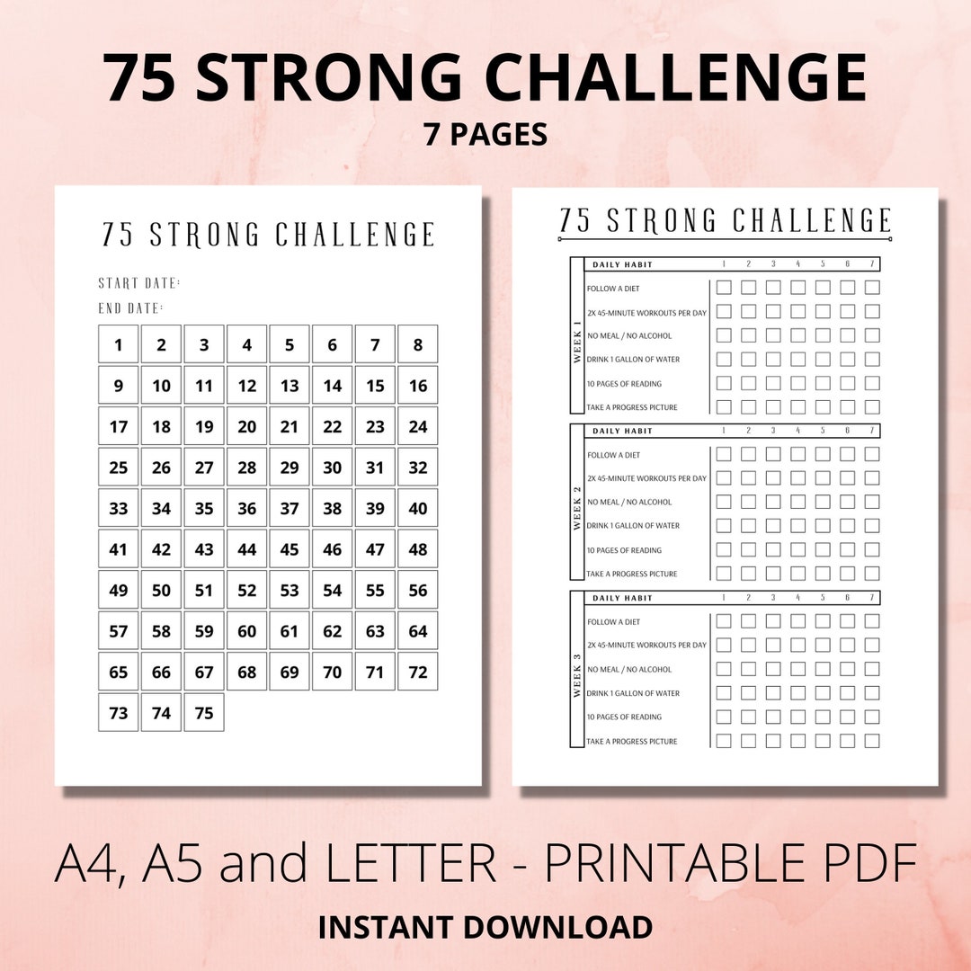 75 STRONG Challenge Tracker, Day Challenge Printable, Weight Loss ...