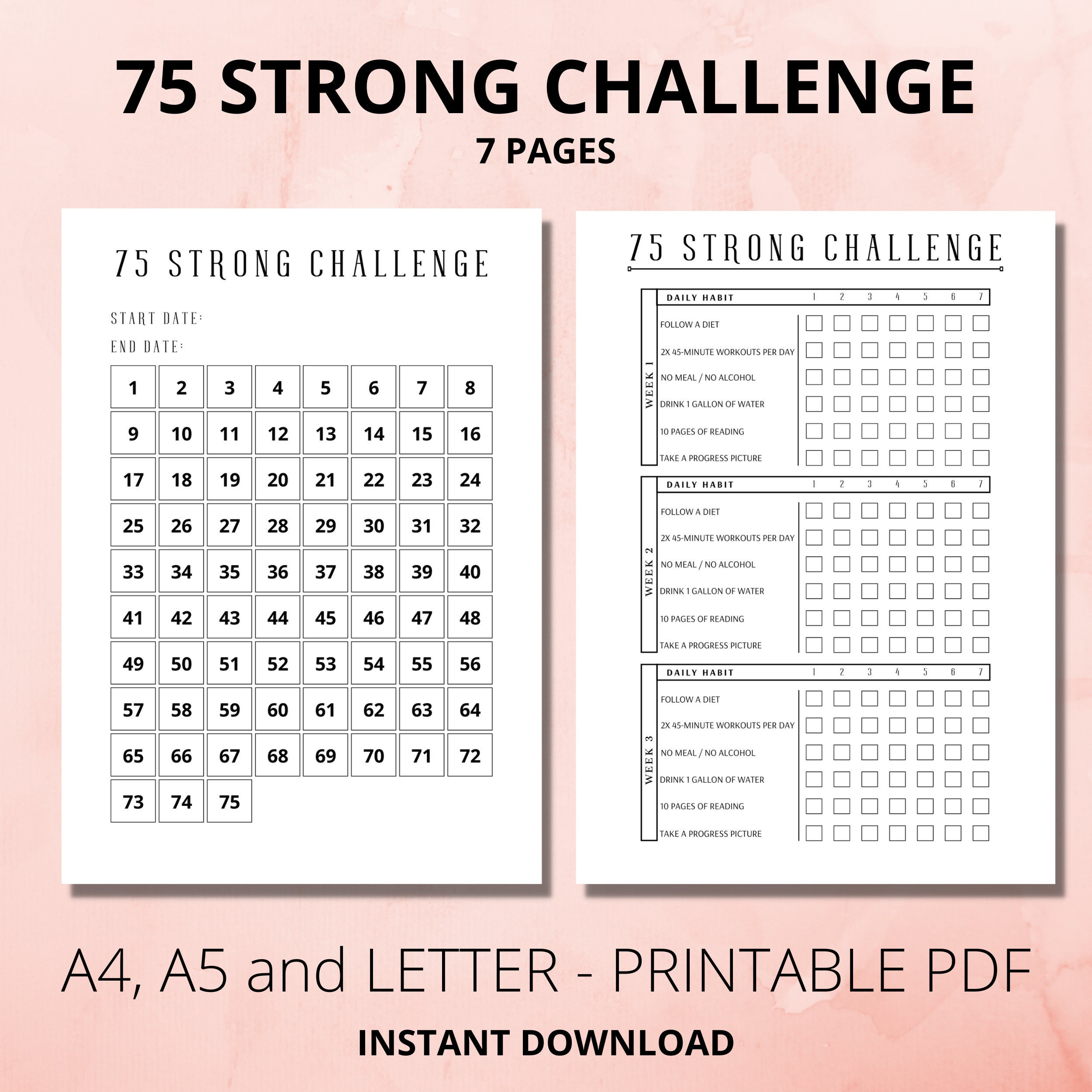 75 STRONG Challenge Tracker, Day Challenge Printable, Weight Loss ...