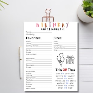 Work Birthday Questionnaire, Gift Questionnaire, Getting to Know You ...
