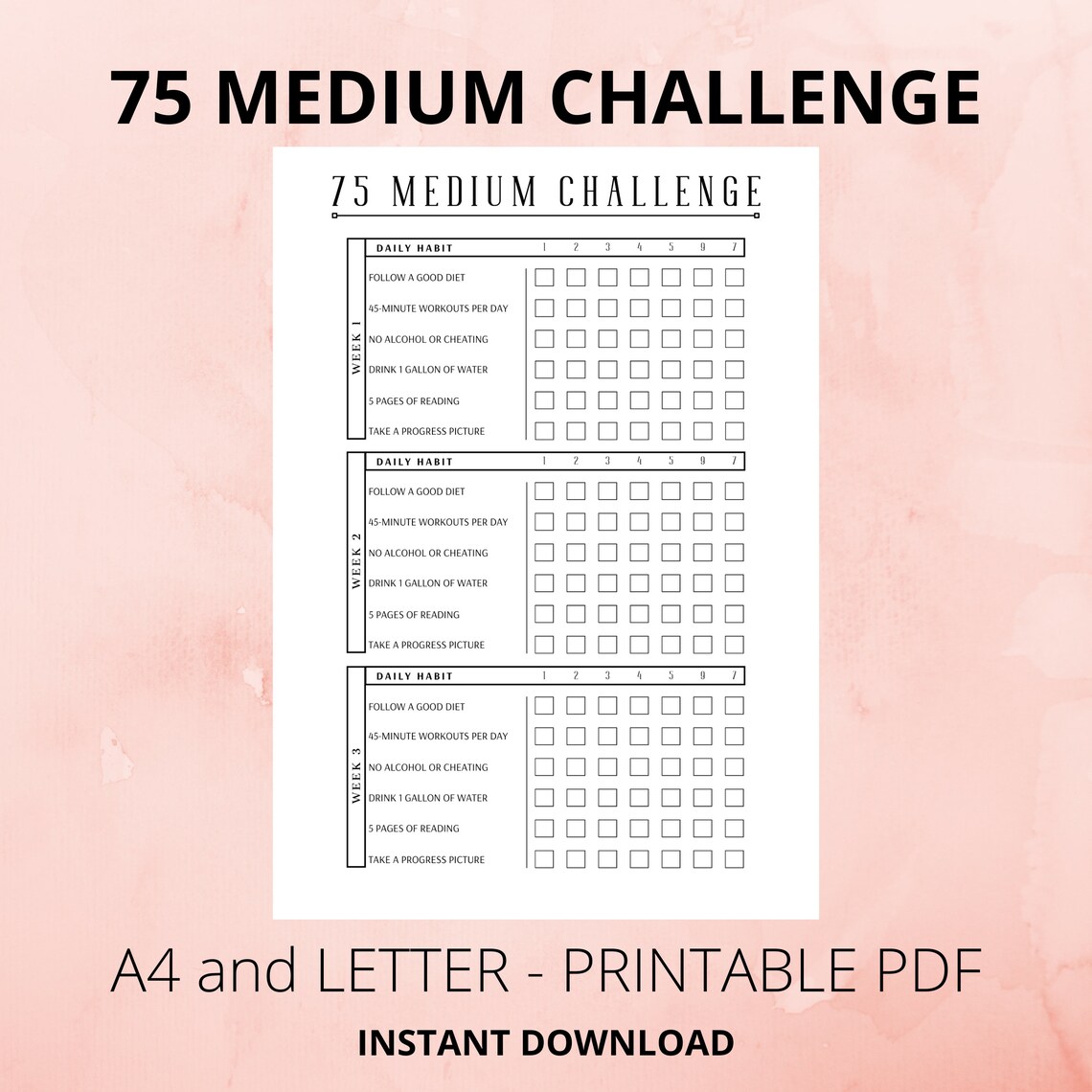 75 Medium Challenge Tracker, Day Challenge Printable, Weight Loss ...