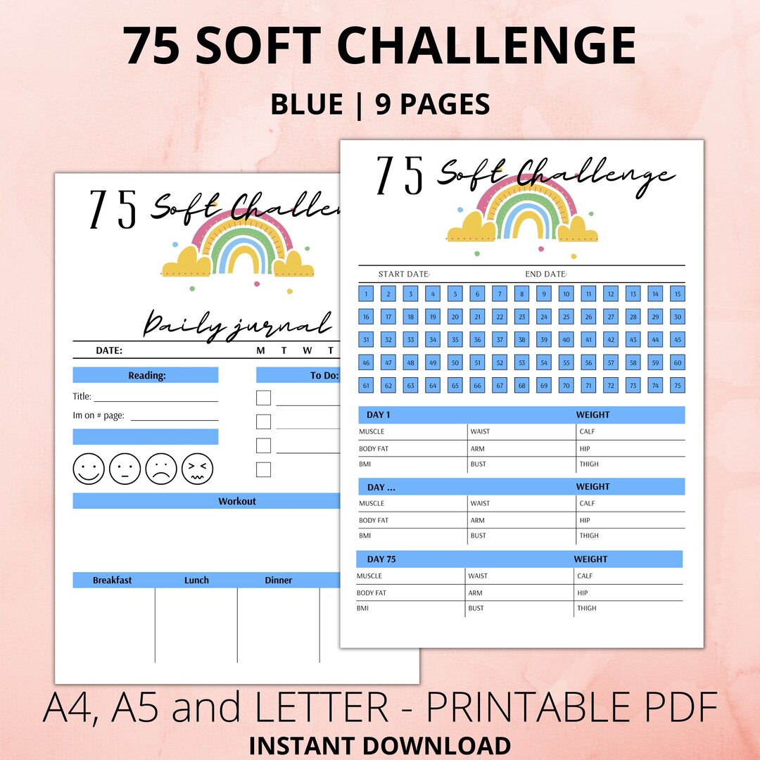 75 Soft Challenge Tracker BLUE, Day Challenge Printable, Weight Loss ...