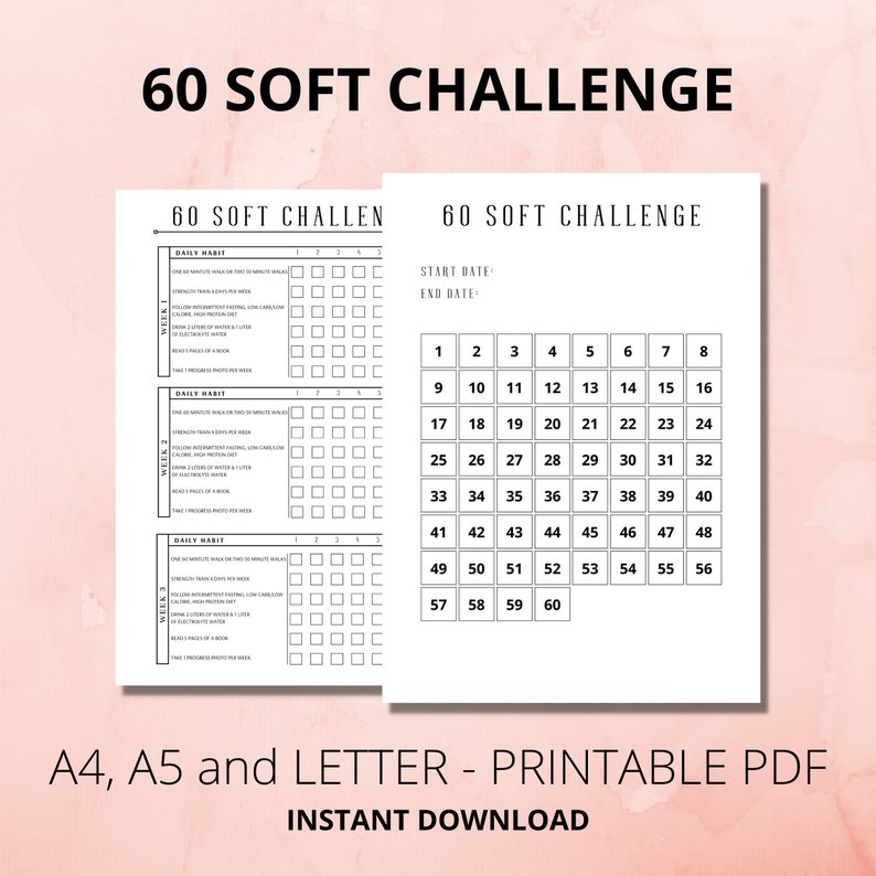 60 SOFT Challenge Tracker, Day Challenge Printable, Weight Loss ...