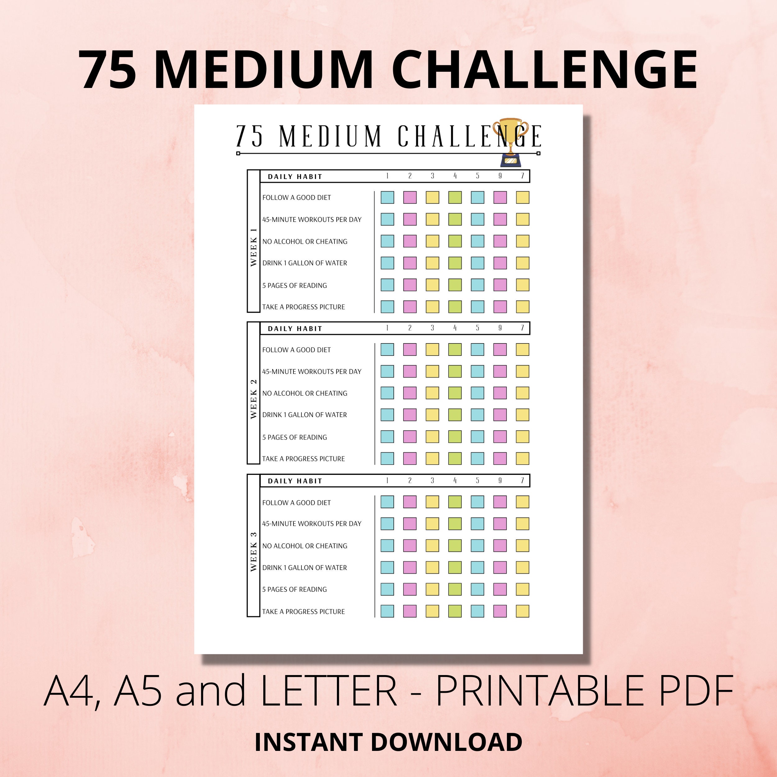 75 Medium Challenge Tracker, Day Challenge Printable, Weight Loss ...