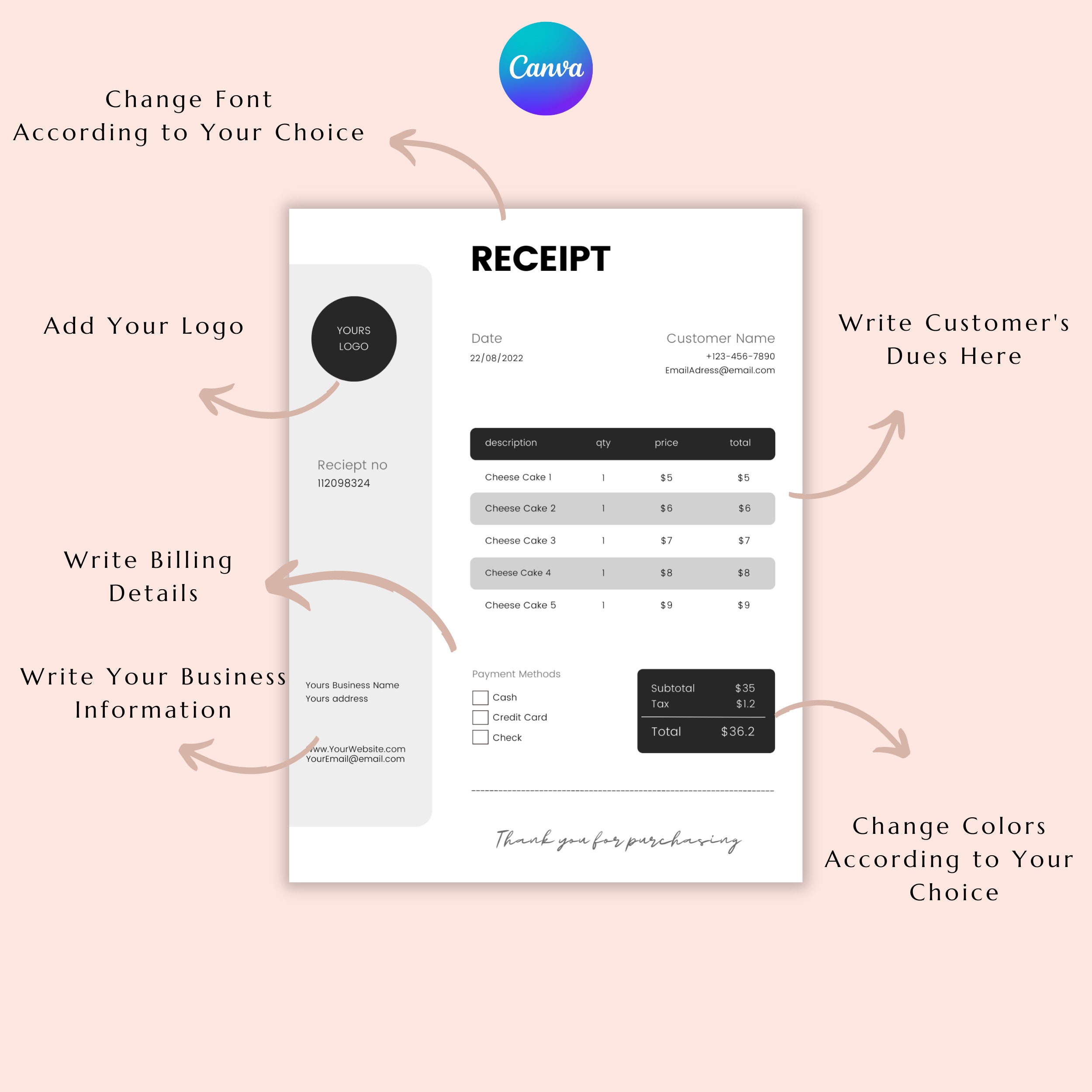 Editable Receipt Template – Canva Printable Billing Template – Order ...