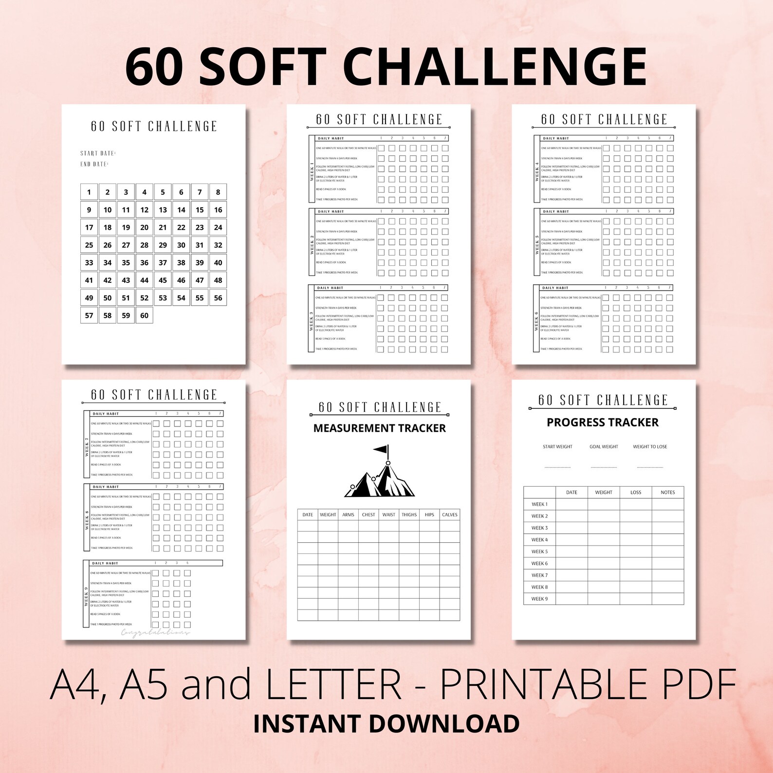 60 SOFT Challenge Tracker, Day Challenge Printable, Weight Loss ...