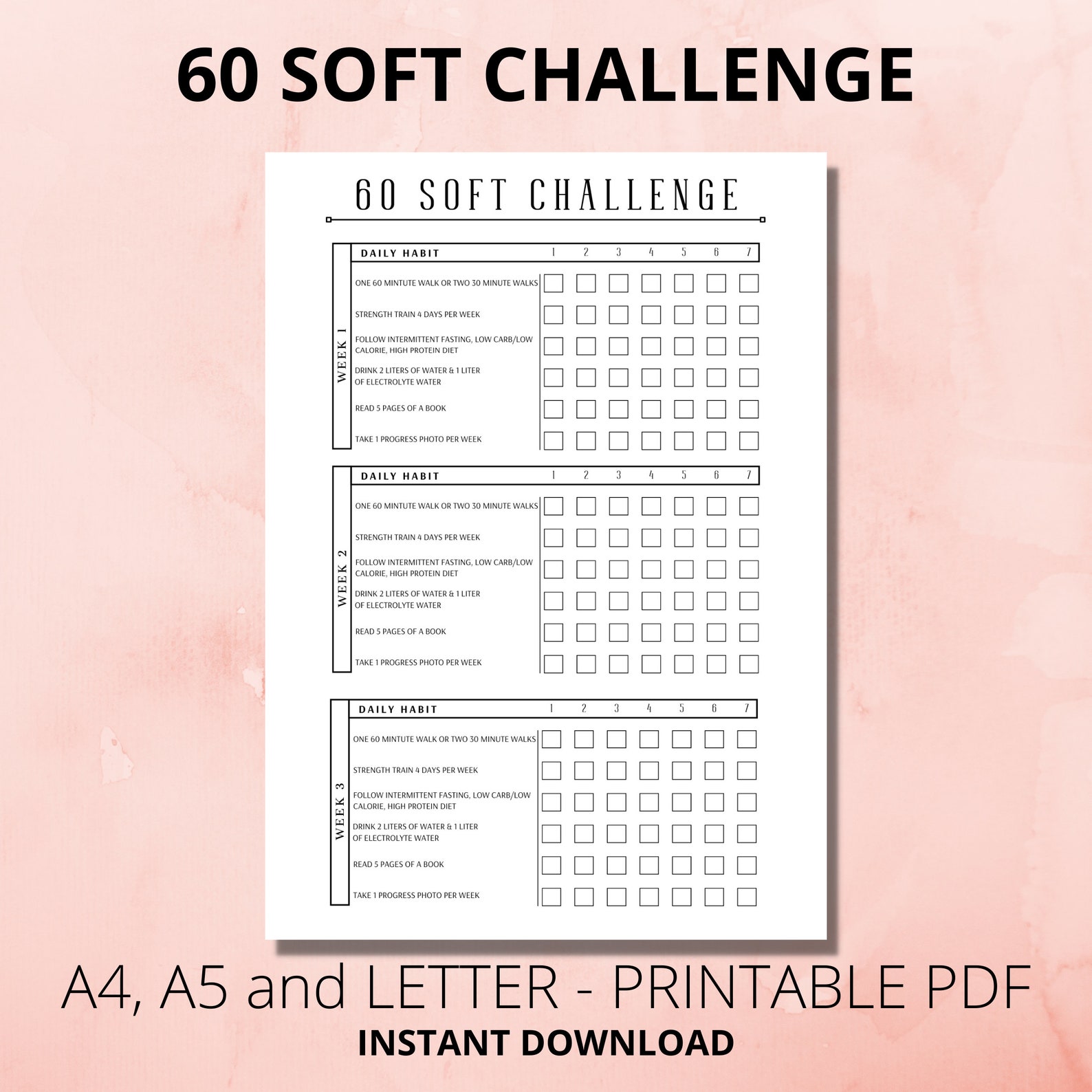 60 SOFT Challenge Tracker, Day Challenge Printable, Weight Loss ...