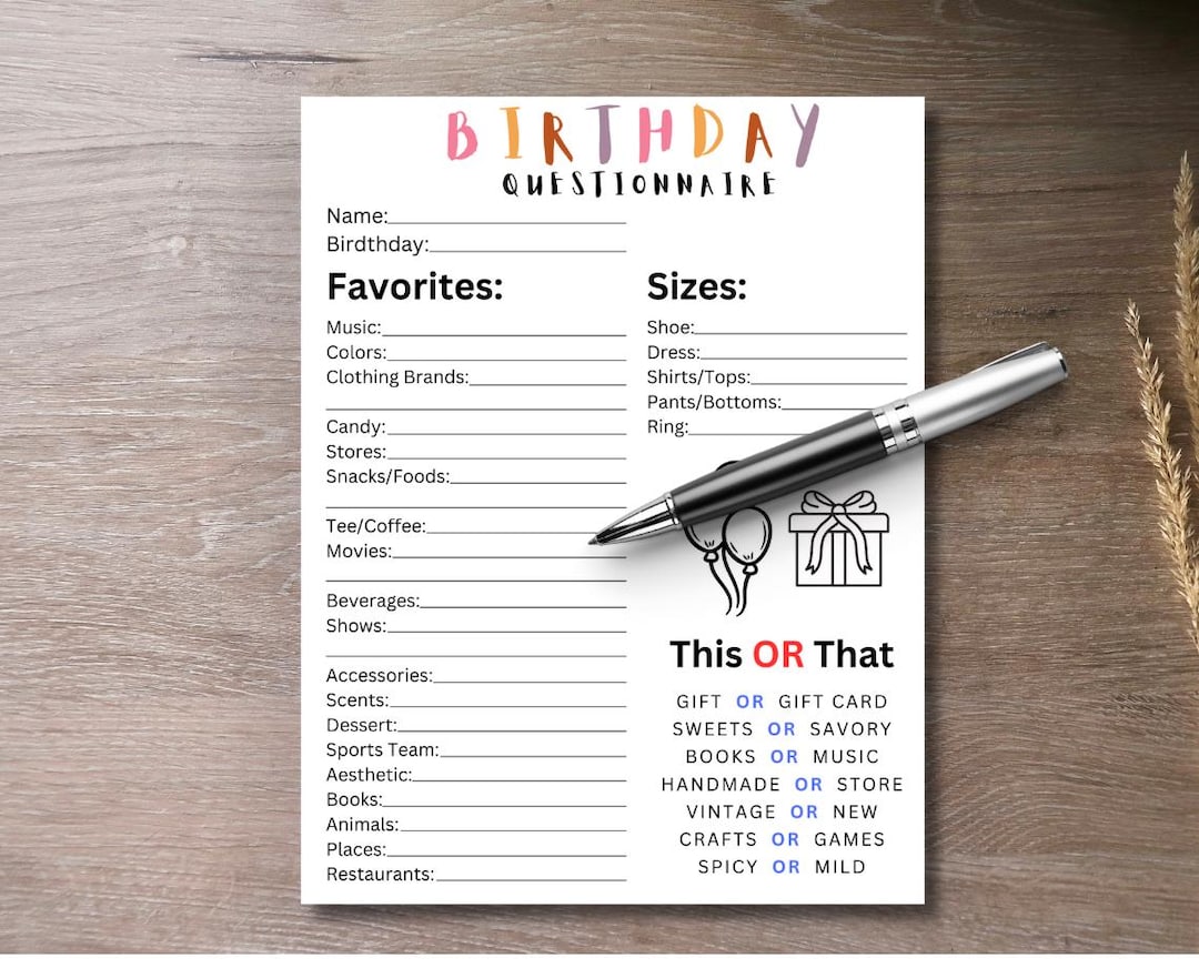 Work Birthday Questionnaire, Gift Questionnaire, Getting to Know You ...