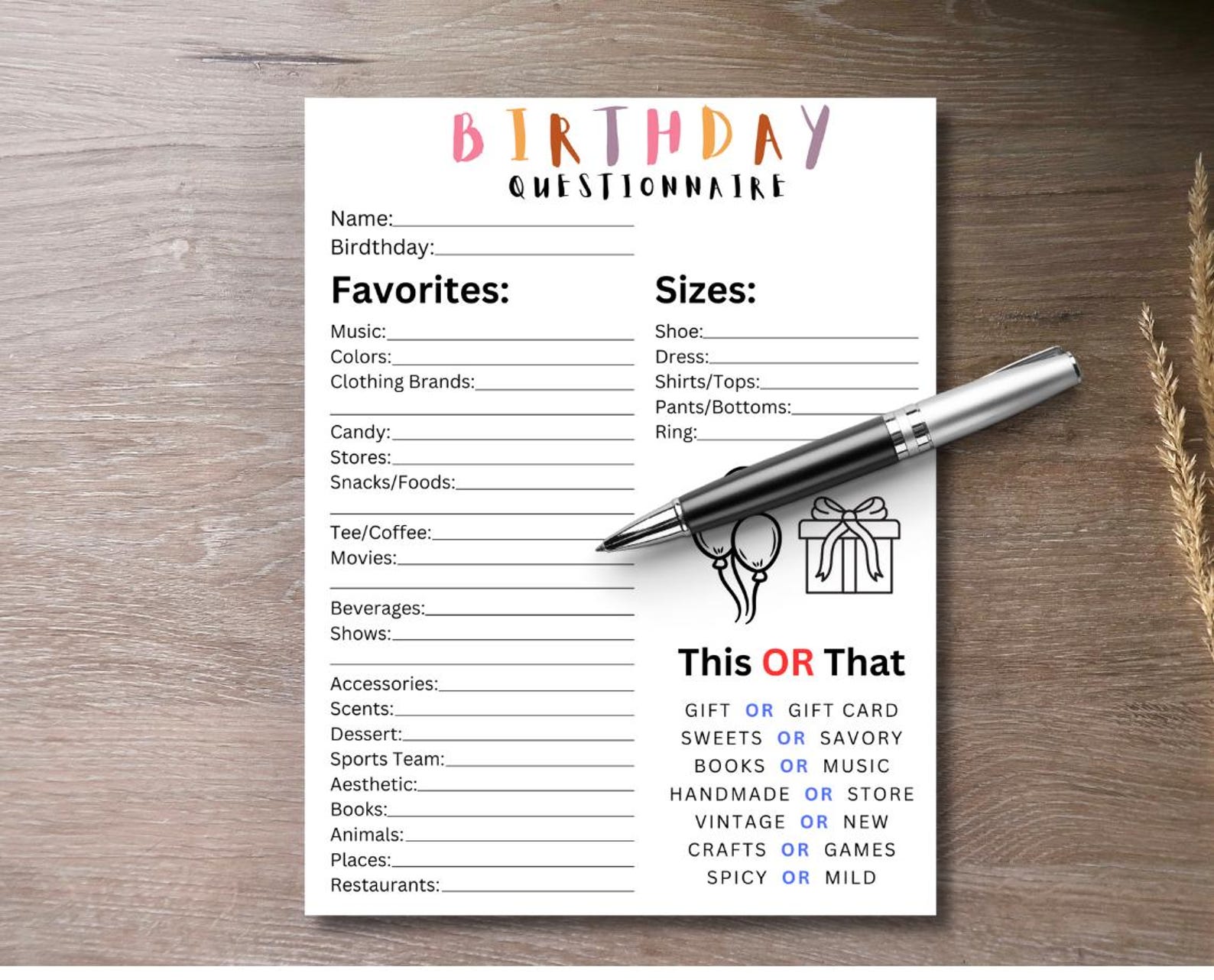 Work Birthday Questionnaire, Gift Questionnaire, Getting to Know You ...