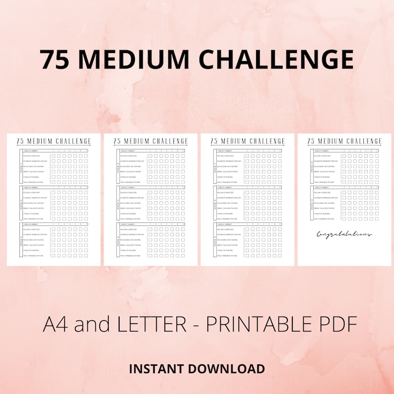 75 Medium Challenge Tracker, Day Challenge Printable, Weight Loss ...