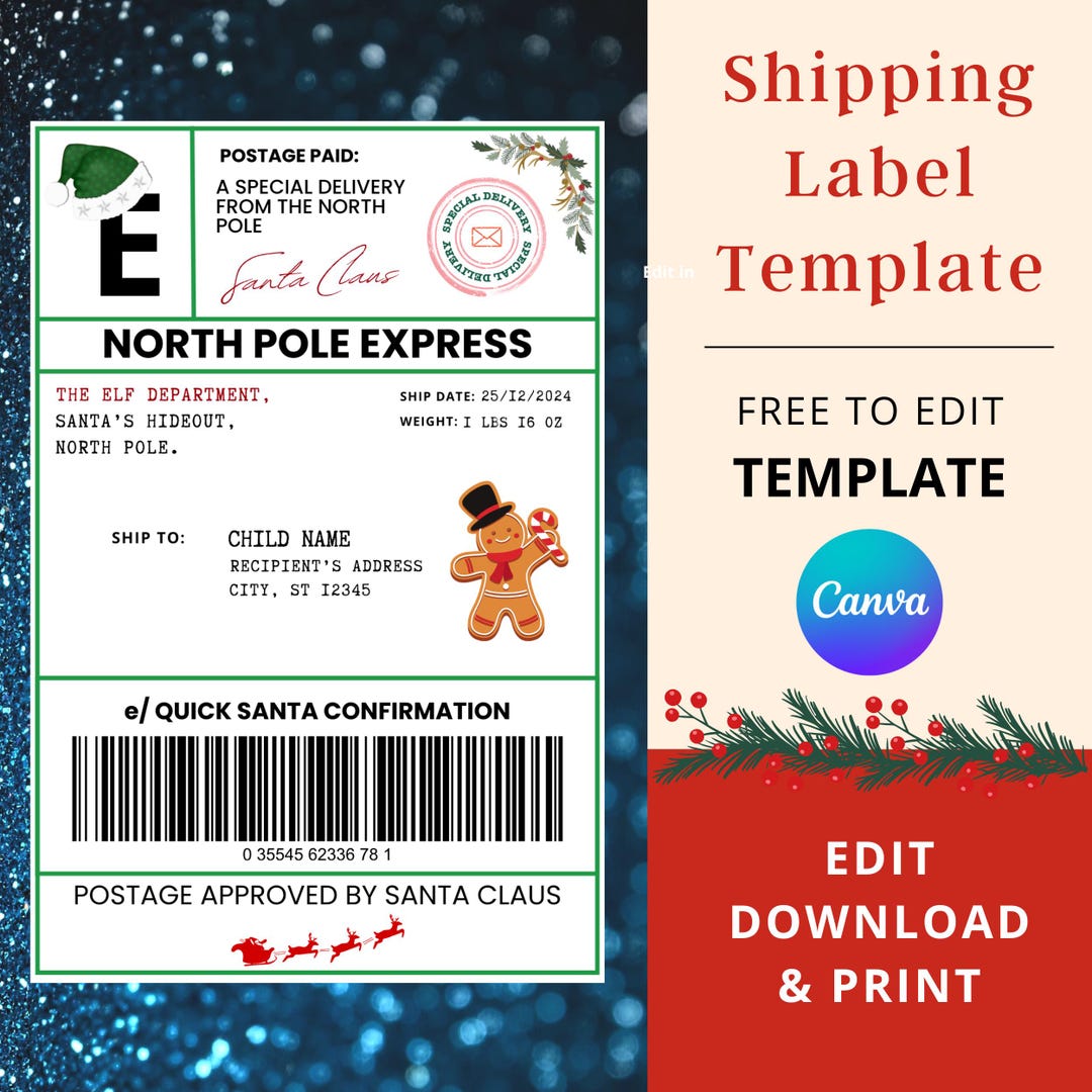 Editable Christmas Shipping Label Template, Editable Personalized Mail ...