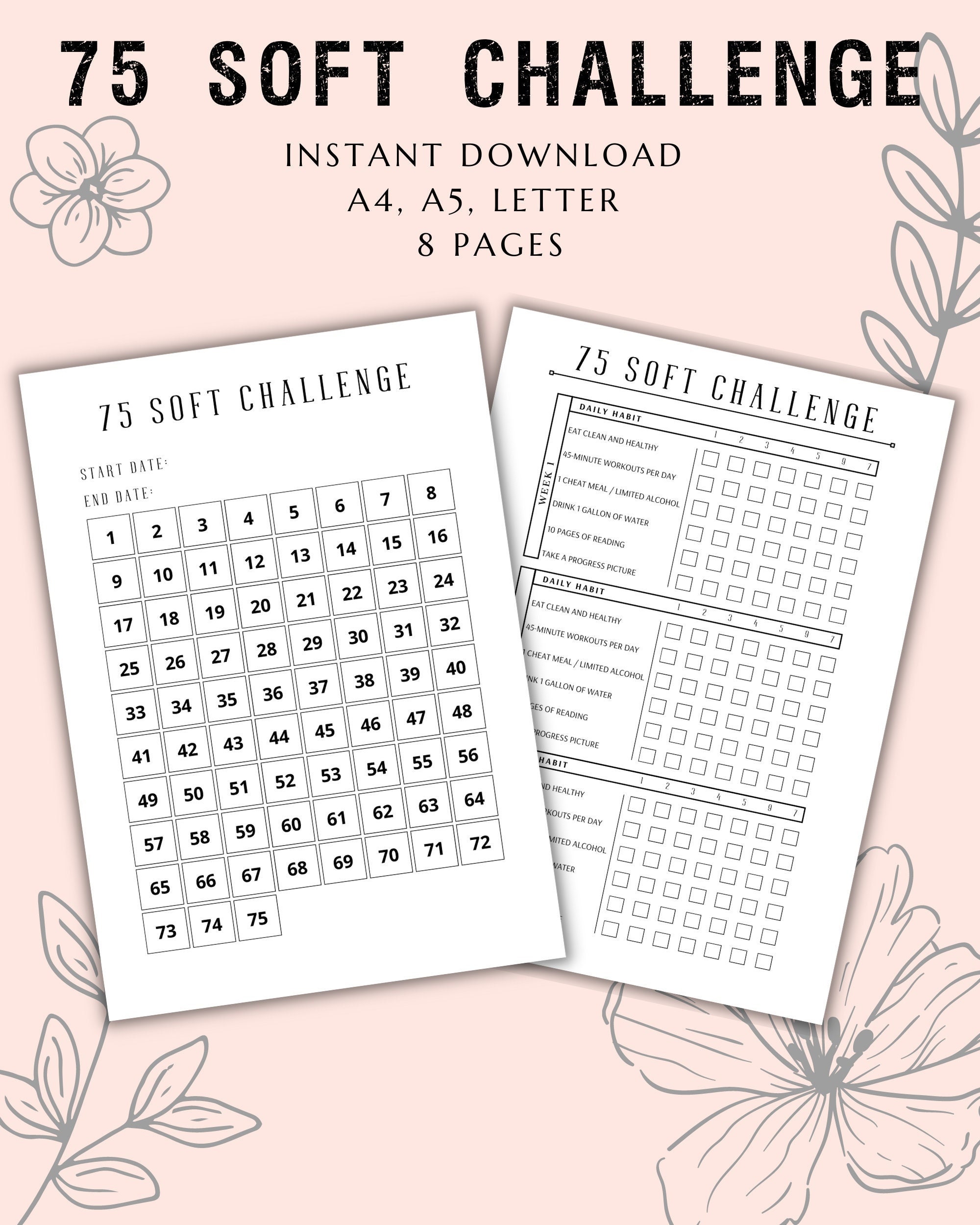 75 Soft Challenge Tracker, Day Challenge Printable, Weight Loss ...