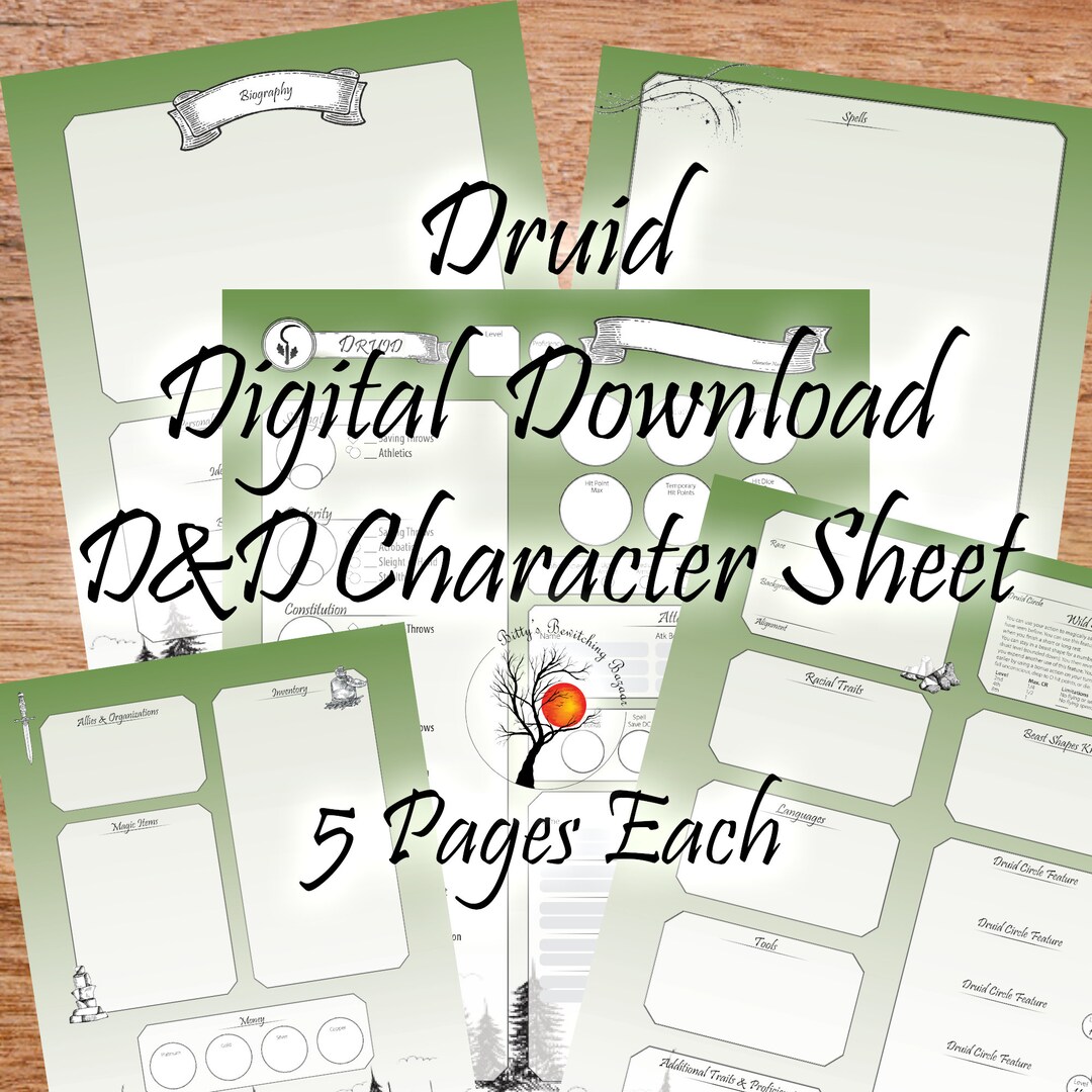 Druid D&D 5e Character Sheet 5 Pages PDF Digital Download - Etsy