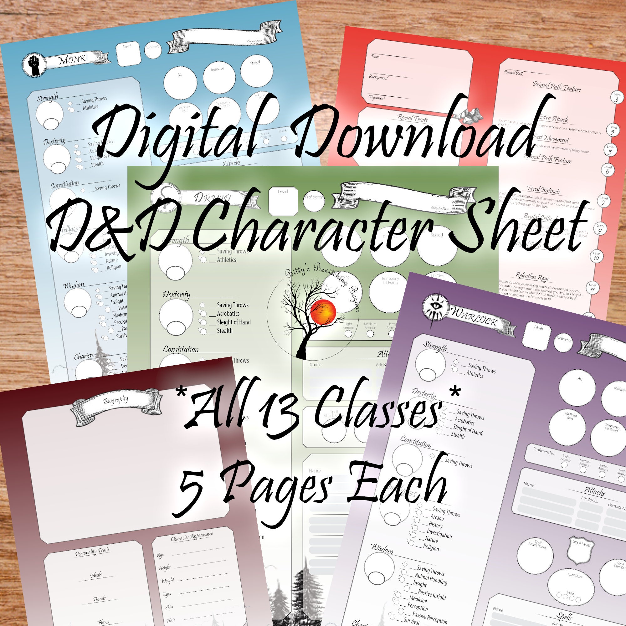 D&D 5e Character Sheets ALL CLASSES 5 Pages Each, PDF Digital Download ...