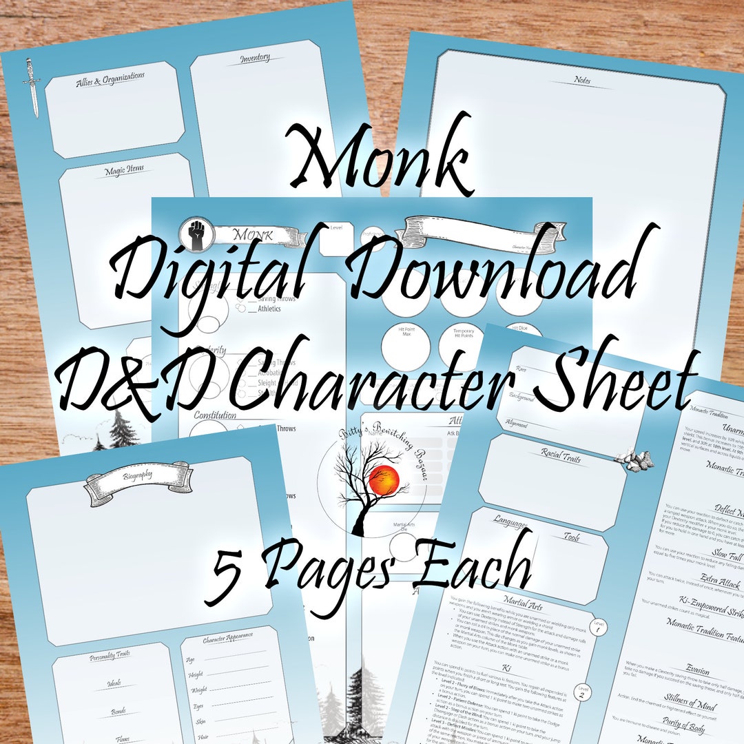 Monk D&D 5e Character Sheet 5 Pages PDF Digital Download - Etsy UK