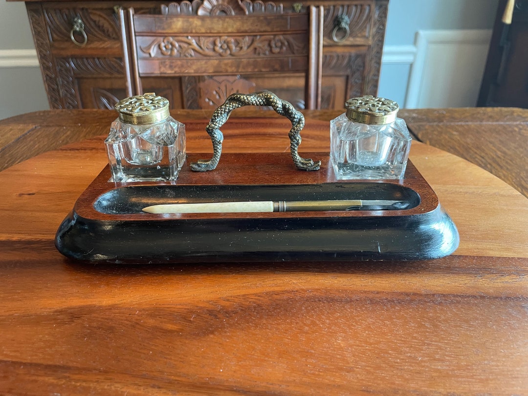 Beautiful Victorian Inkwell Stand With Fountain Pen and Brass Snake ...