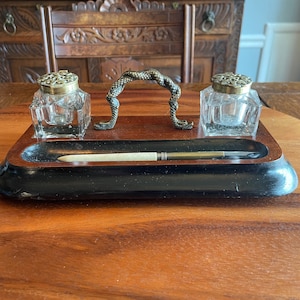 Beautiful Victorian Inkwell Stand With Fountain Pen and Brass Snake ...