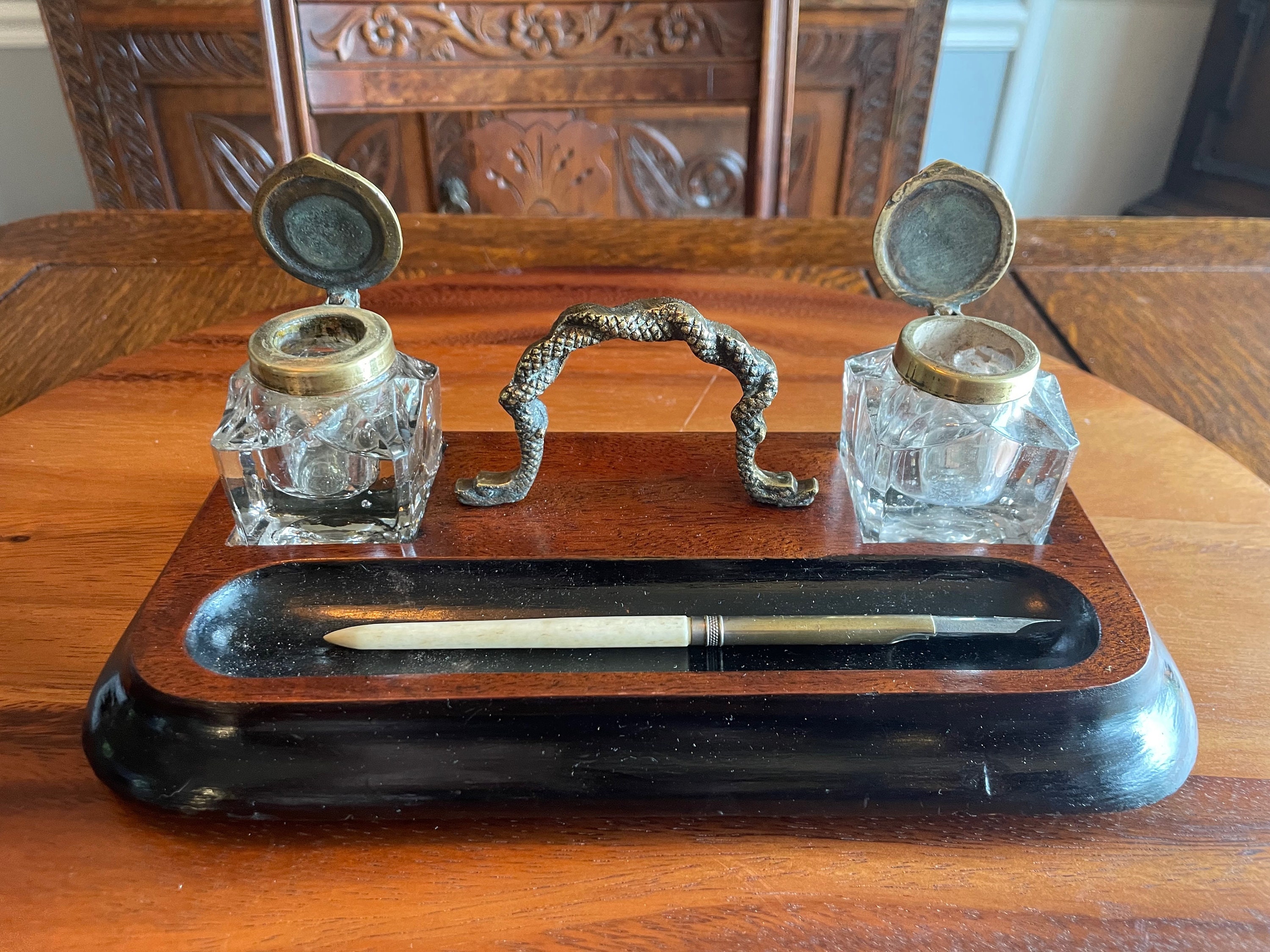 Beautiful Victorian Inkwell Stand With Fountain Pen and Brass Snake ...