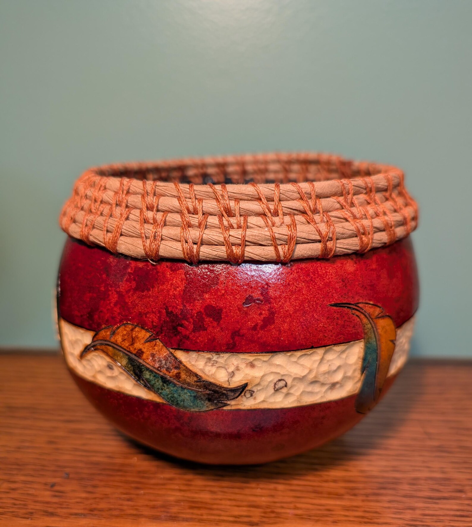 Native Feather Gourd Bowl With Paper Rush Rim - Etsy