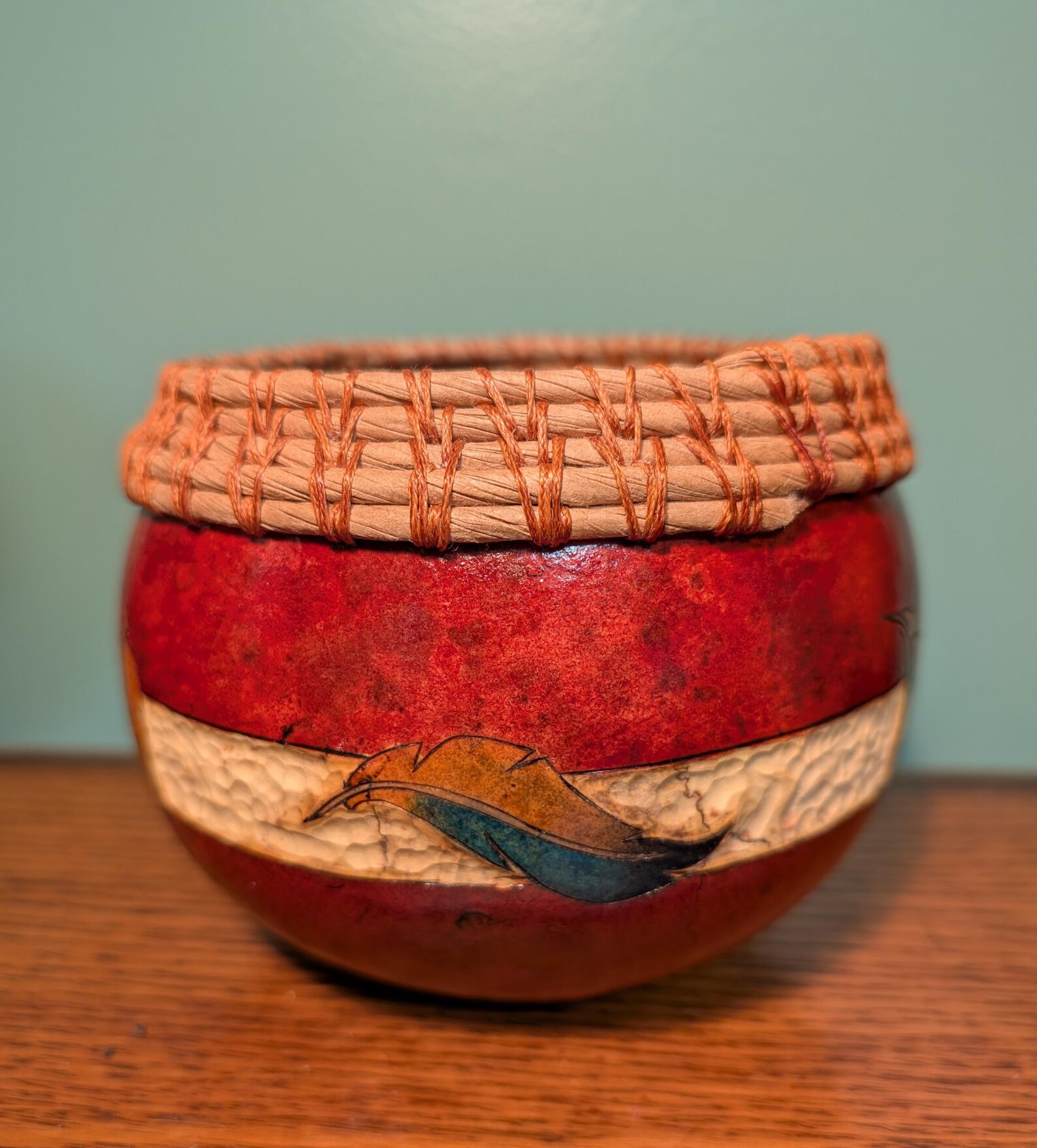 Native Feather Gourd Bowl With Paper Rush Rim - Etsy