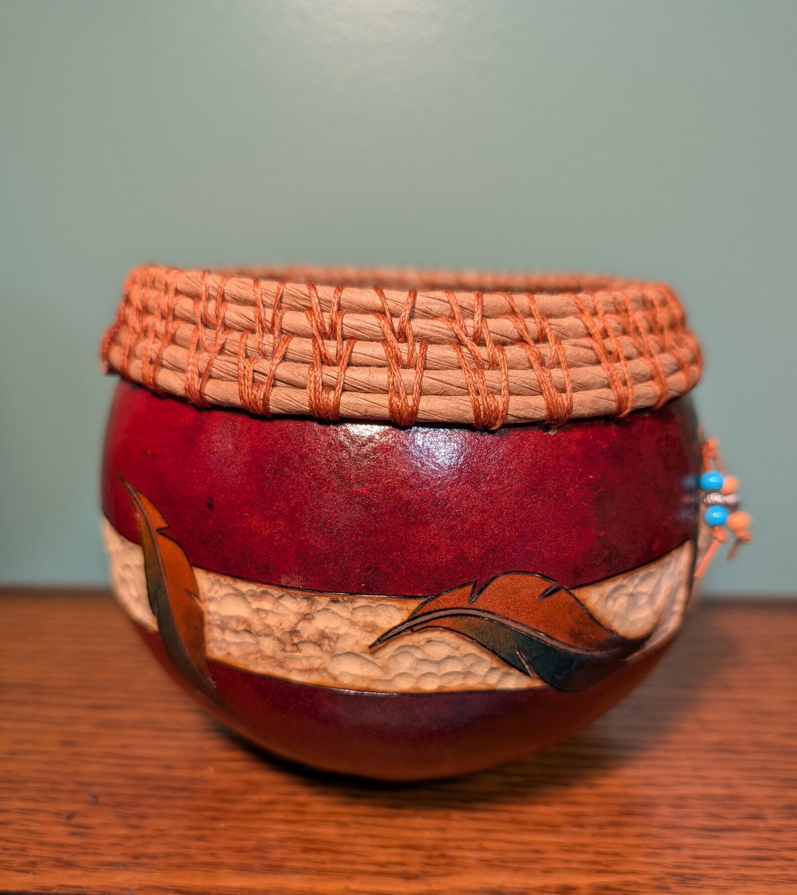 Native Feather Gourd Bowl With Paper Rush Rim - Etsy