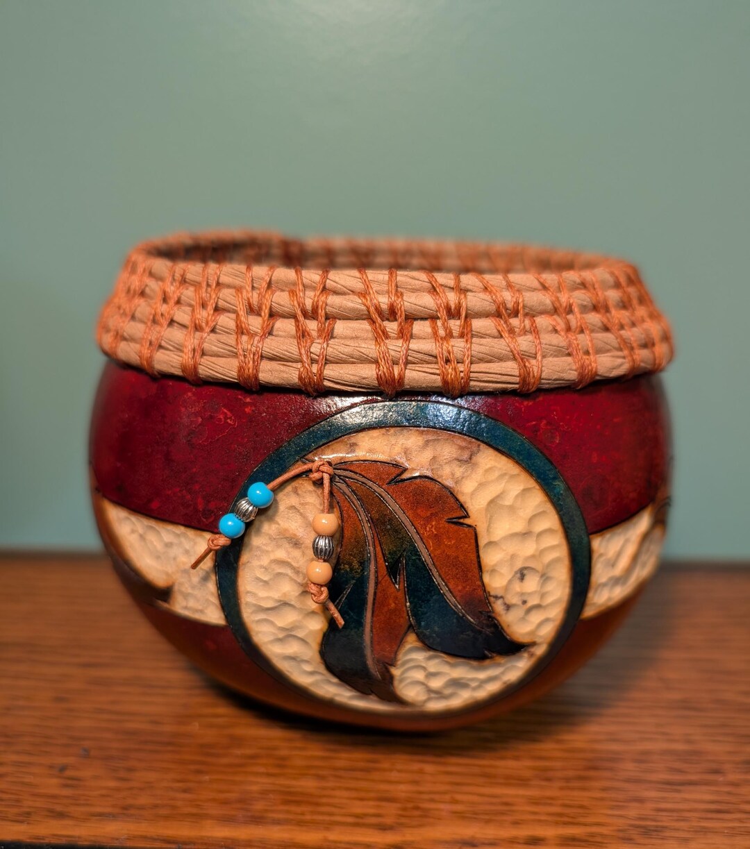 Native Feather Gourd Bowl With Paper Rush Rim - Etsy