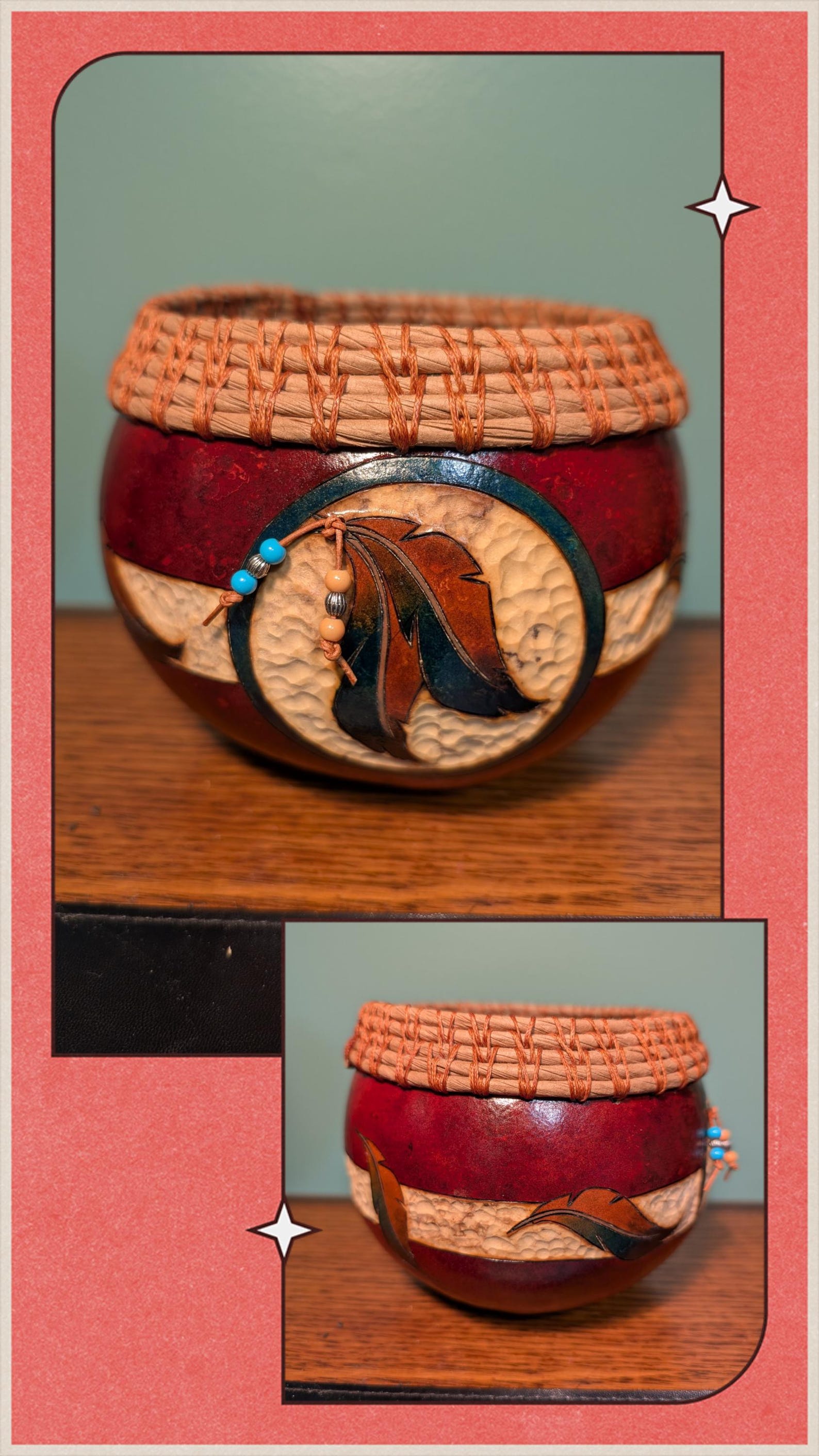 Native Feather Gourd Bowl With Paper Rush Rim - Etsy
