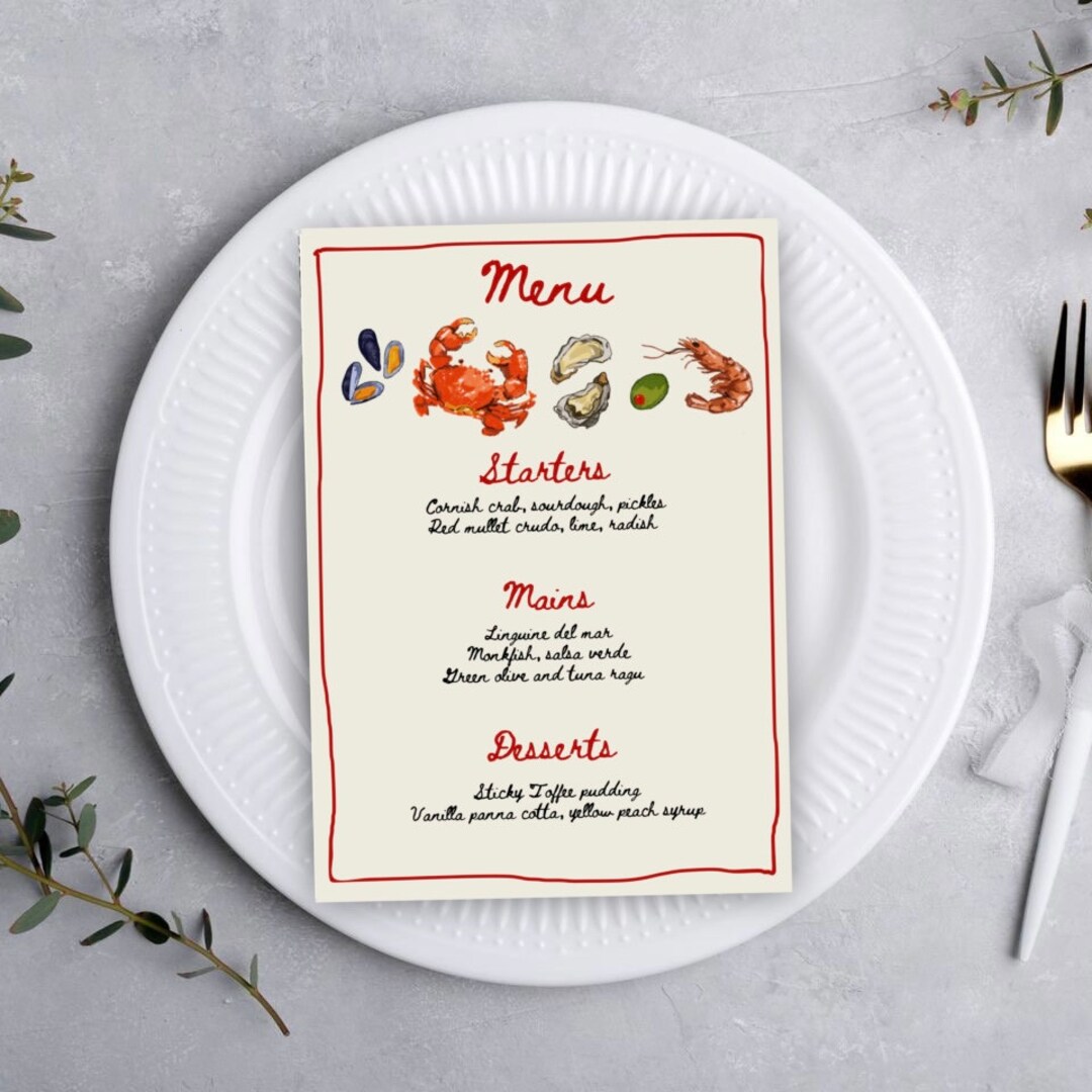 Illustrated Wedding Party Menu With Seafood Shellfish Digital Download ...