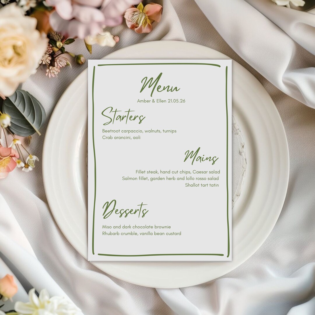 Minimal Green Wedding Party Menu With French Wine Digital Download ...