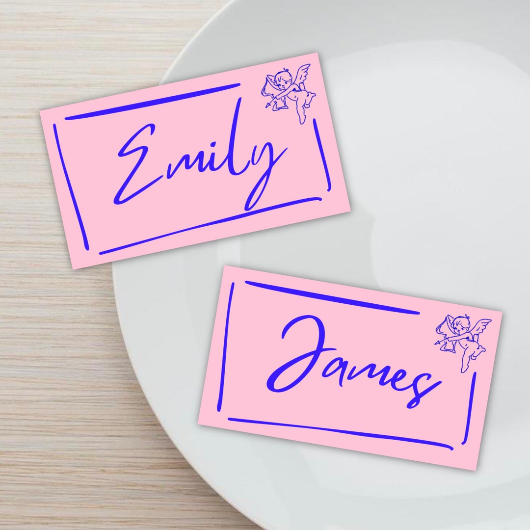 Illustrated Pink and Blue Cupid Wedding Party Name Cards Digital ...