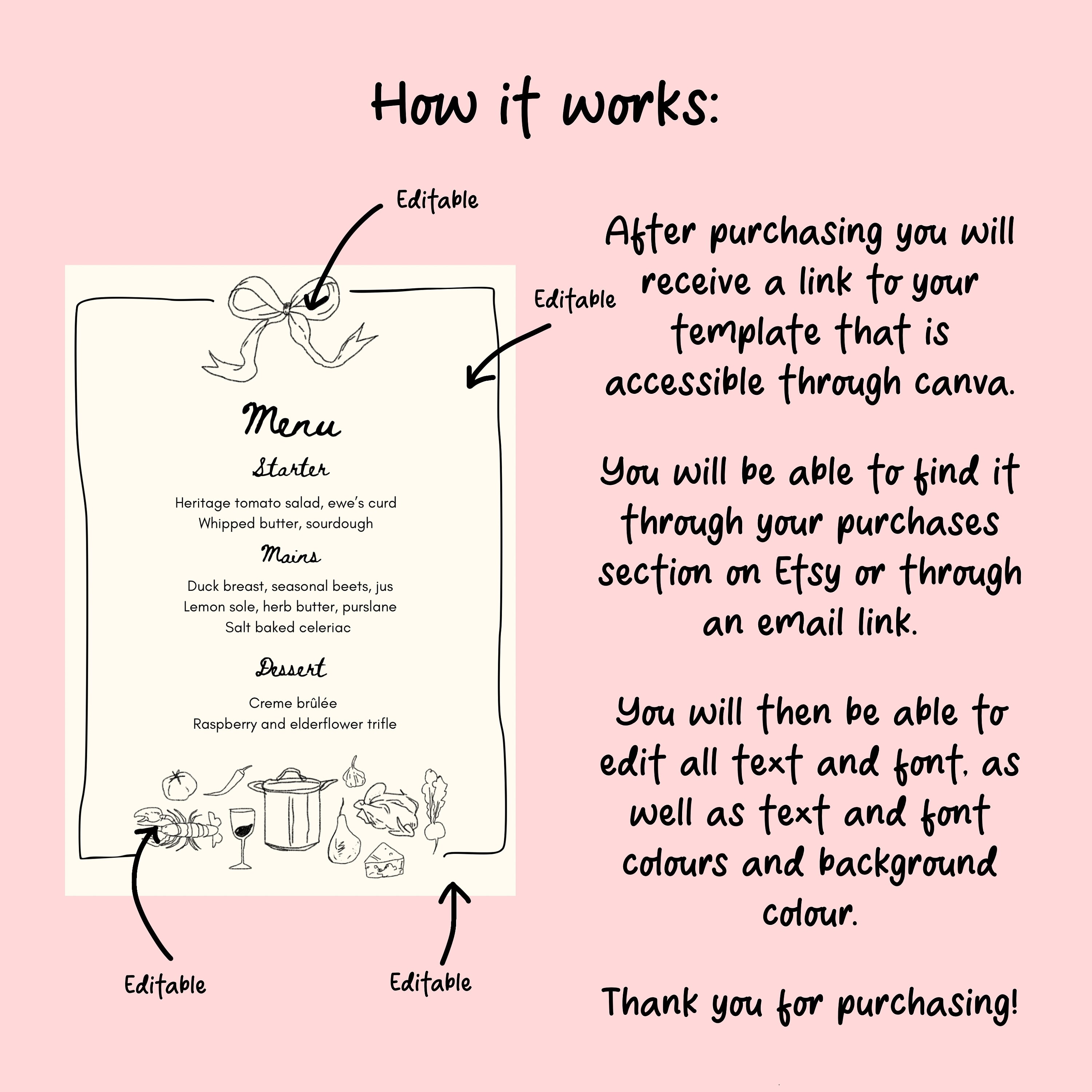 Whimsical Black and White Wedding Party Menu With French Wine Digital ...