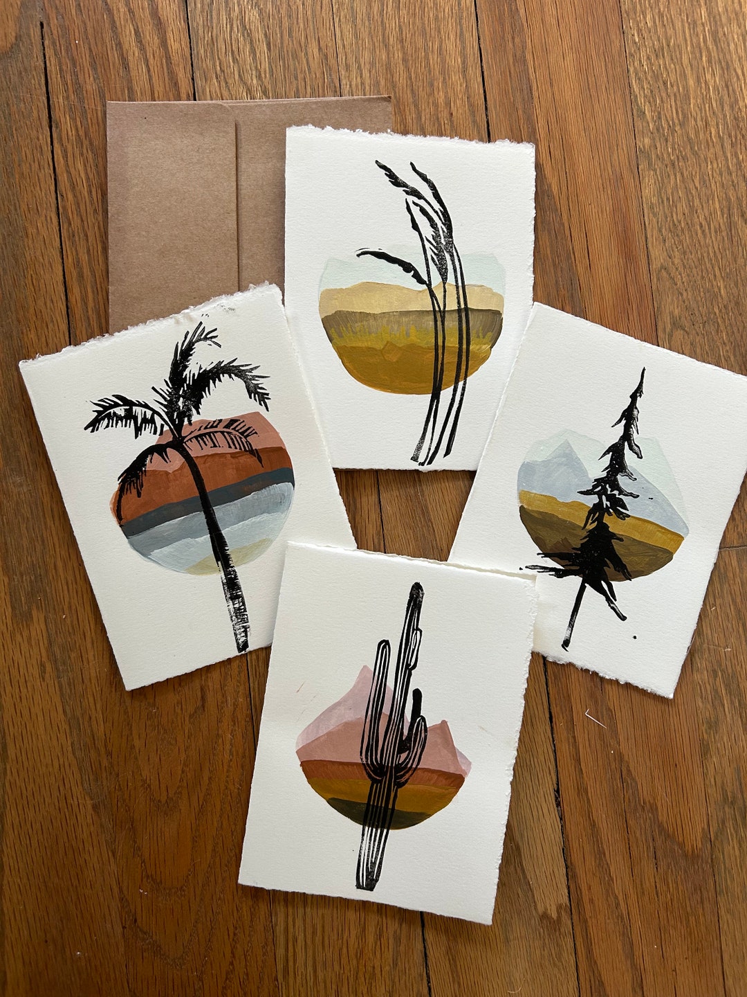 Desert, Beach, Mountain, and Prairie Greeting Cards. Set of 4 Handmade ...