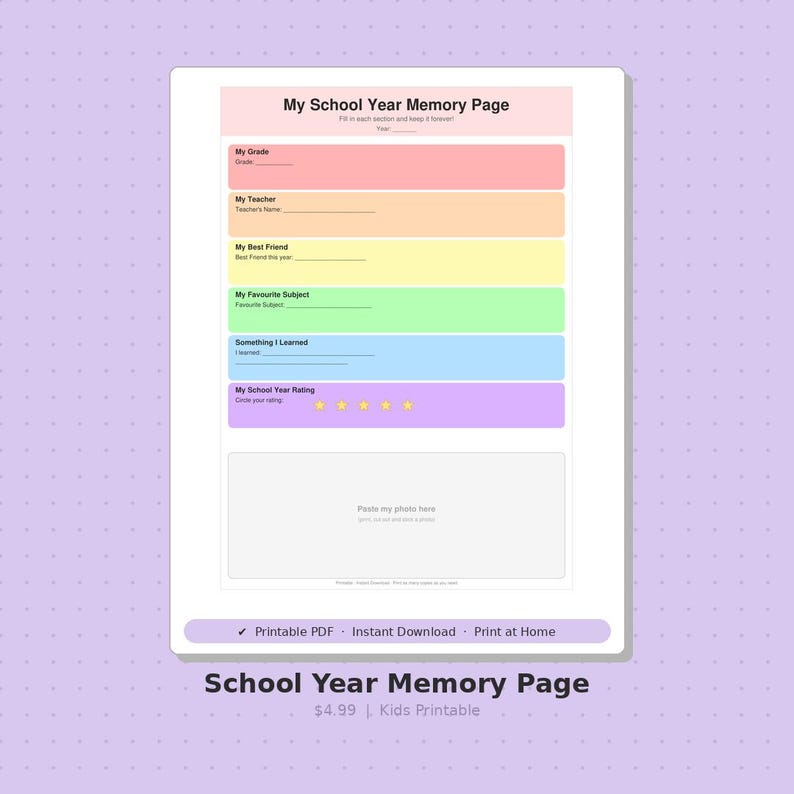 School Year Memory Page | Printable End of Year Keepsake for Kids ...