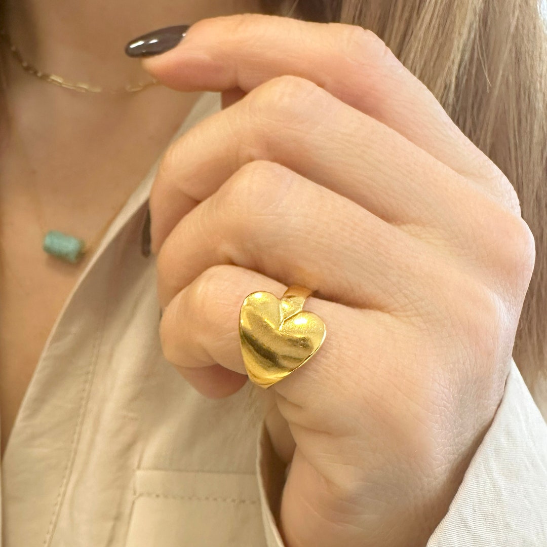 Heart Pinky Ring, Chevalier Gold Heart Ring, Chunky Gold Ring, Heart Chevalier Ring, Minimal ...