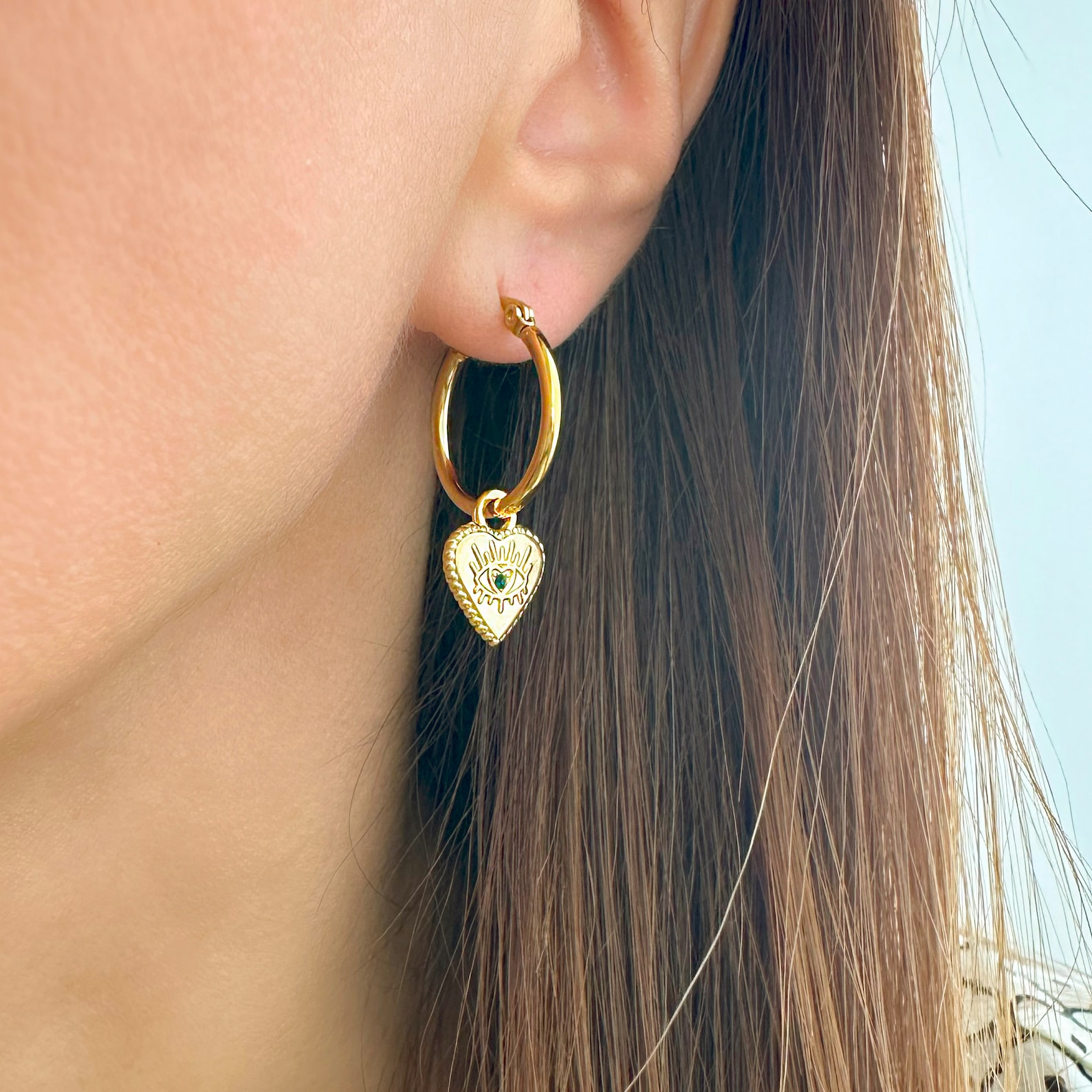 Chunky Gold Hoops, Cute Heart Earrings, Gold Heart Hoops, Eye Hoop ...