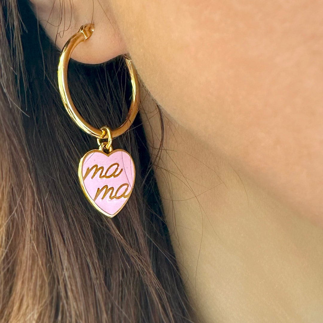 Mama Earrings, Chunky Gold Hoops, Heart Earrings, Romantic Hoops, Pink ...