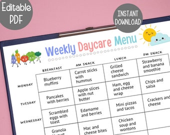 Daycare Monthly Menu - Etsy