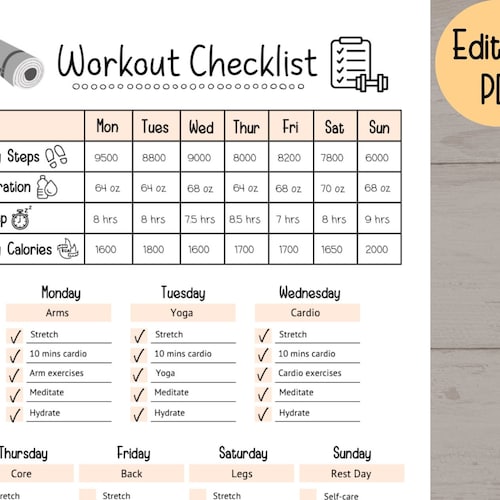 Workout Checklist Editable Daily Workout Routine Chart - Etsy