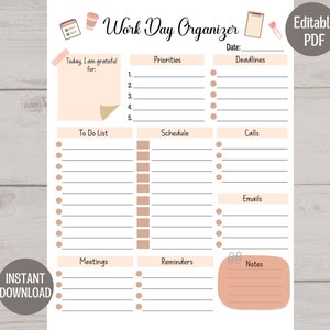 Work Day Organizer Editable Fillable Printable Work Planner - Etsy