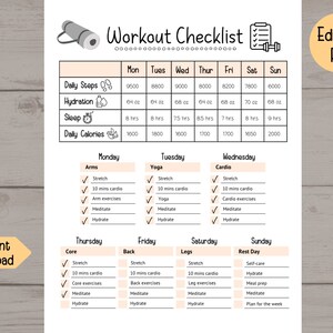 Workout Checklist Editable Daily Workout Routine Chart - Etsy