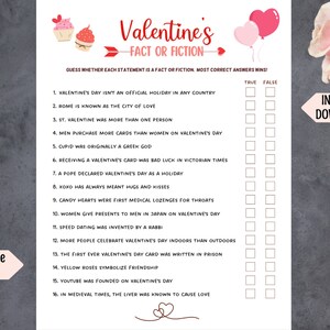 Valentine's Day Fact or Fiction Game Printable Valentines - Etsy