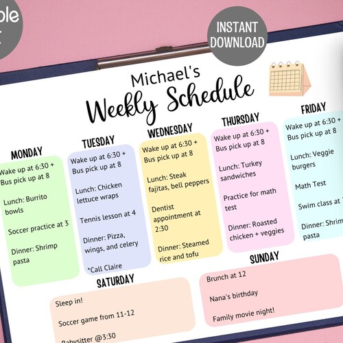 Kids Weekly Planner Printable Editable Weekly Schedule Kids - Etsy