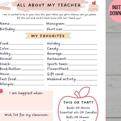 All About My Teacher Survey Back to School Teacher - Etsy