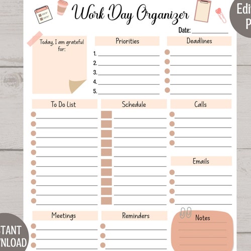Work Day Organizer Editable Fillable Printable Work Planner - Etsy