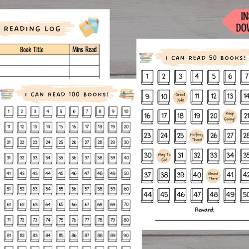 Printable Reading Chart Kids Reading Log Tracker 50 100 - Etsy