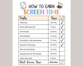 Screen Time Chart Checklist, Editable Printable Screen Time Task Chart ...