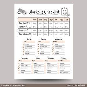 Workout Checklist Editable, Daily Workout Routine Chart, Simple Workout ...