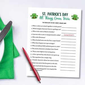 St. Patrick's Day Green Trivia Game Printable, All Things Green ...
